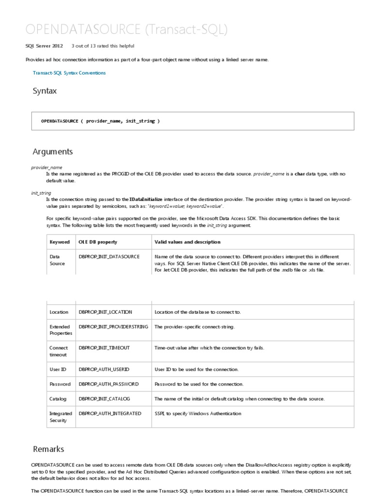 Opendatasource Transact Sql Pdf Parameter Computer Programming Microsoft Sql Server