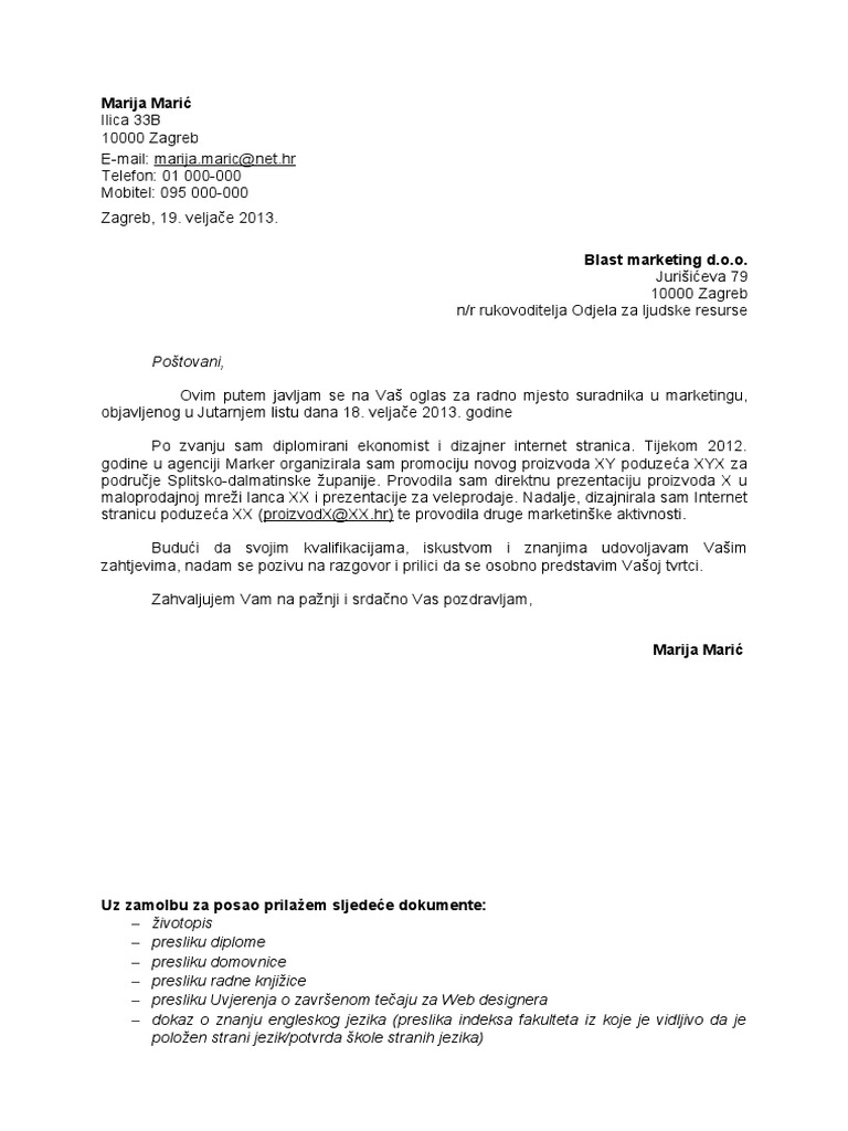 Primjer Molbe S Natjecajem | PDF