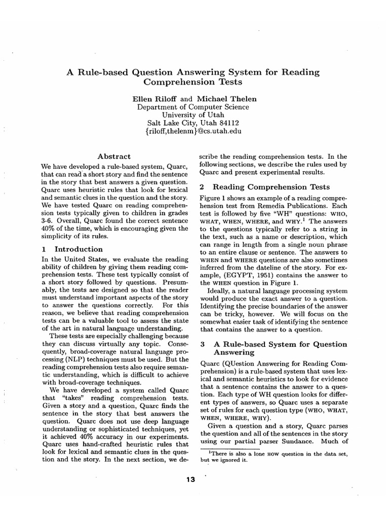 A Rule-Based Question Answering System | PDF | Word | Parsing