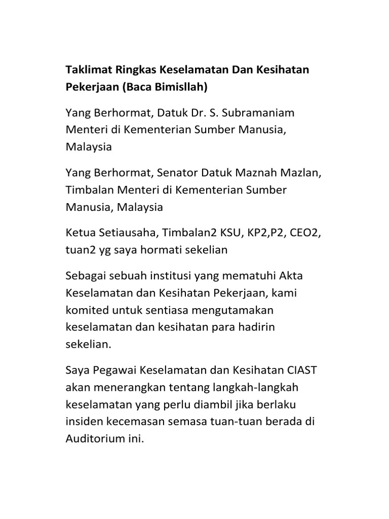 Taklimat Ringkas Keselamatan Dan Kesihatan Pekerjaan - Baru | PDF