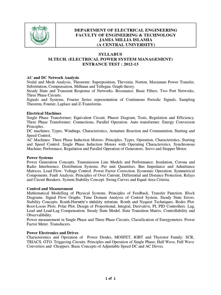 M.tech Syllabus Jamia University Delhi | PDF | Electric Power System ...