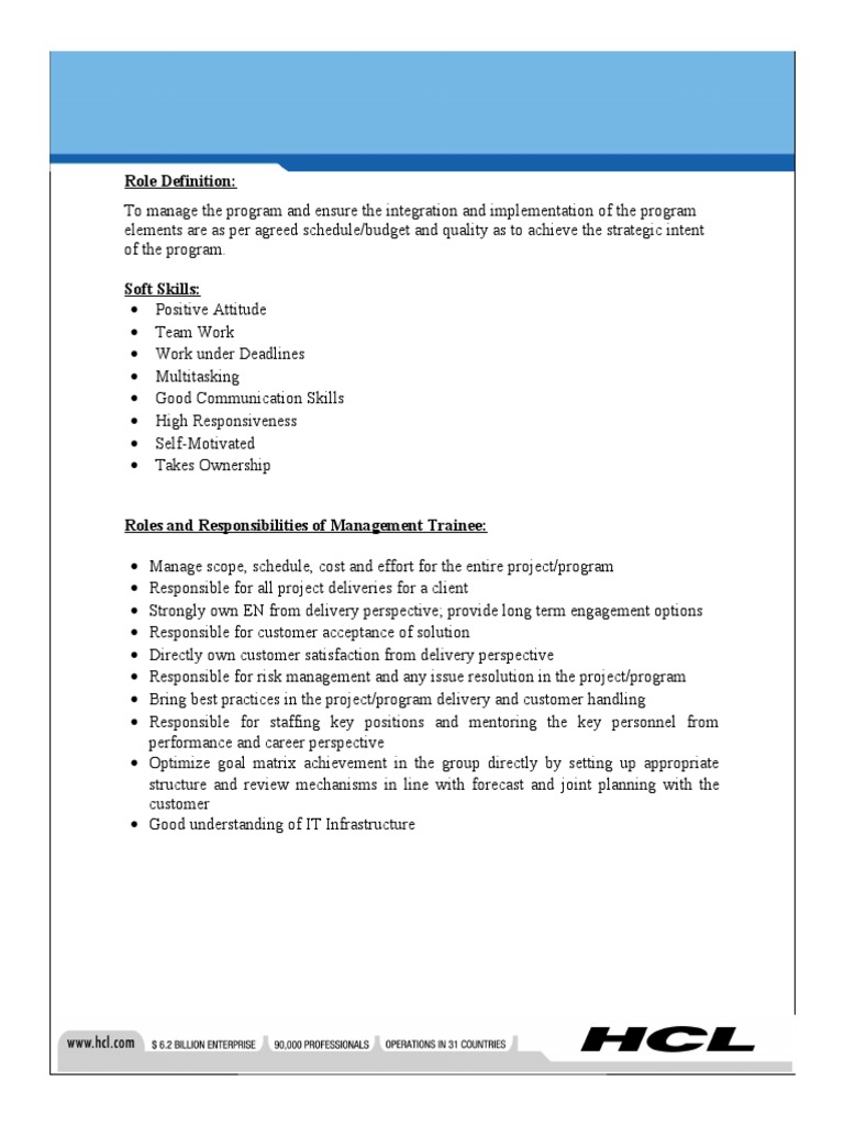 Job Description: Management Trainee - PMO/PMT: Role Definition | PDF