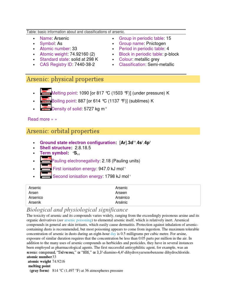 Arsenic: Physical Properties: Biological and Physiological Significance ...