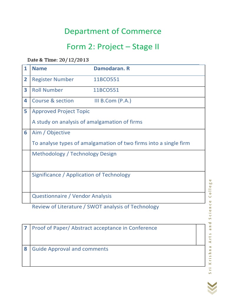 Department of Commerce Form 2: Project - Stage II: Date & Time: 20/12 ...