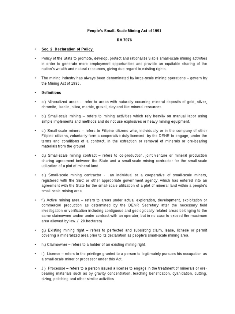 People's Small-Scale Mining Act of 1991 RA 7076 Sec. 2 Declaration of ...