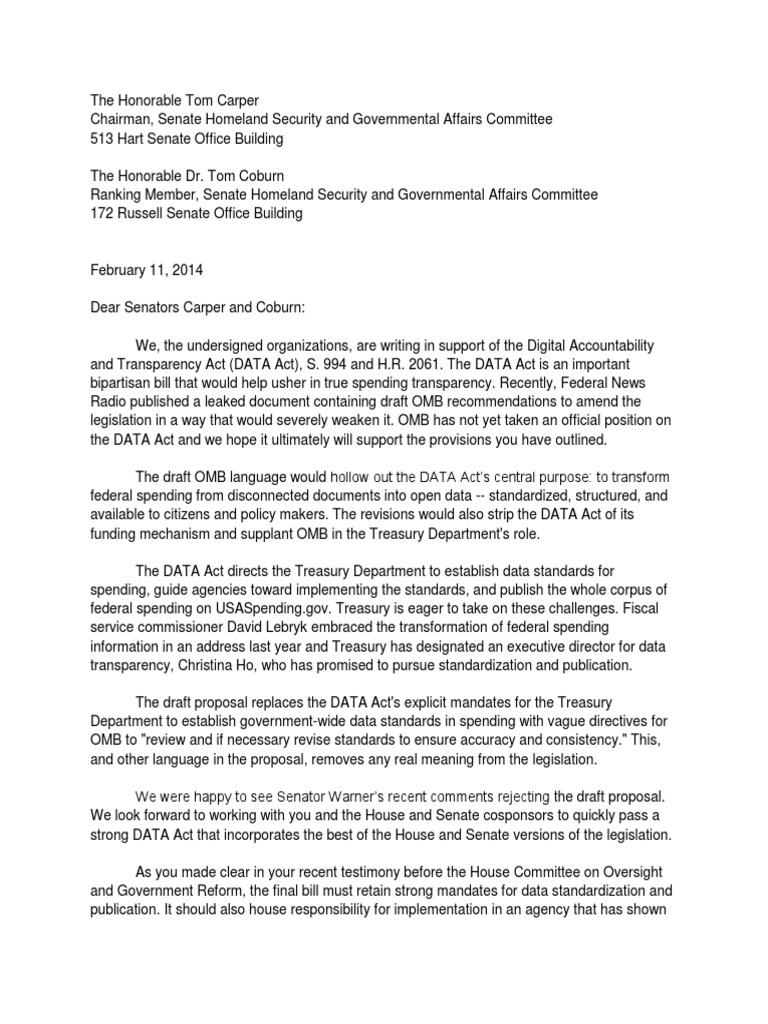 Data Act - Congressional Letter - 2/2014 | PDF | Office Of Management ...