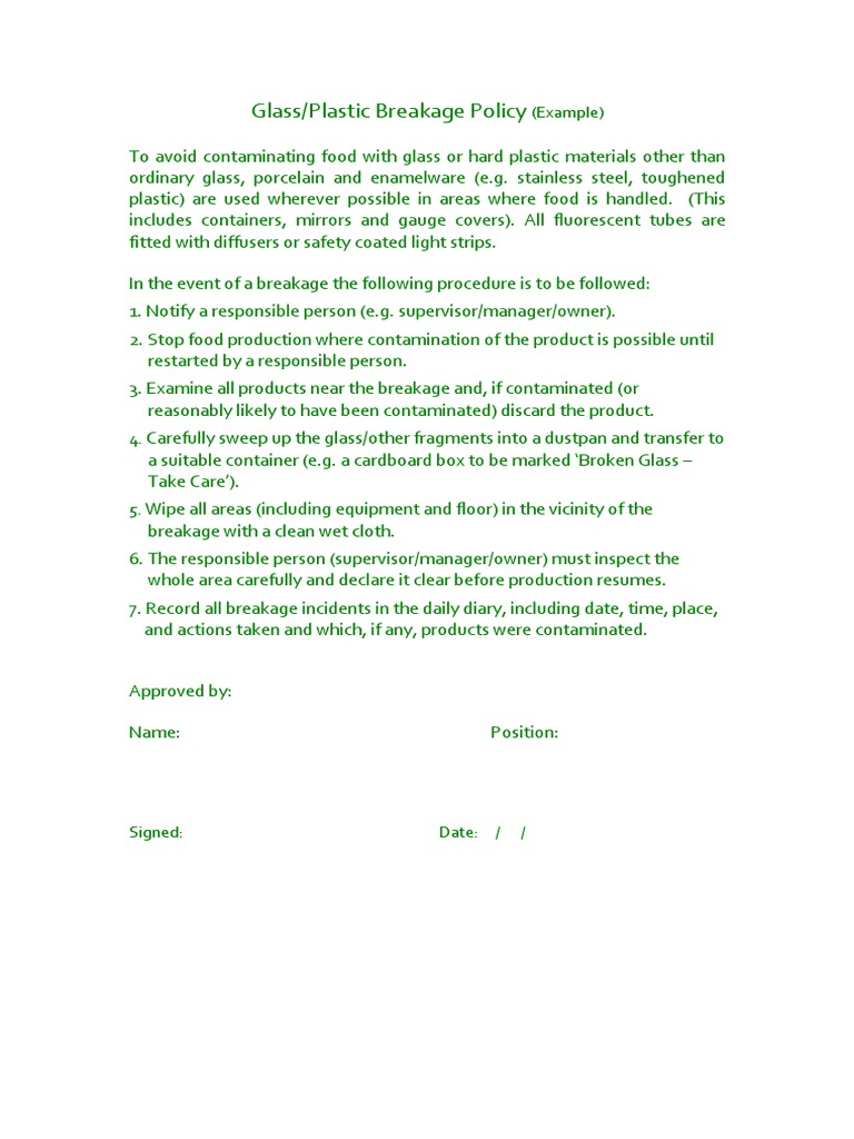 Glass Breakage Policy for Food Safety | PDF
