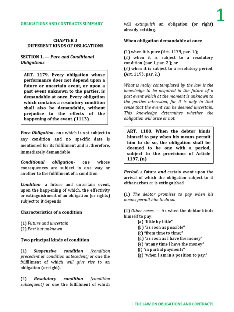 Obligations and Contracts Summary On Different Kinds of Obligation ...