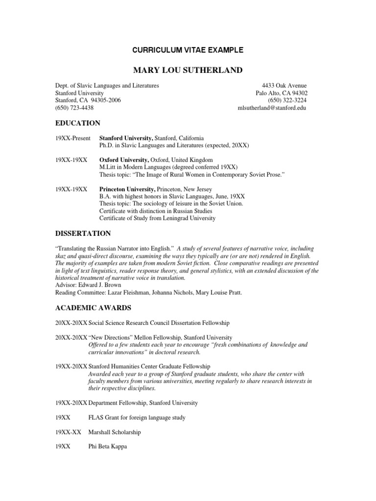 Mary Lou Sutherland: Curriculum Vitae Example | PDF | Thesis | Stanford ...