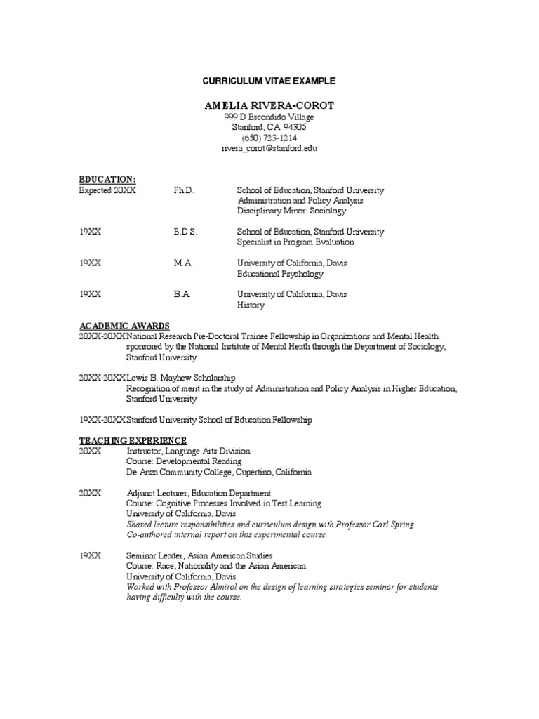 Amelia Rivera-Corot: Curriculum Vitae Example | PDF | University Of ...