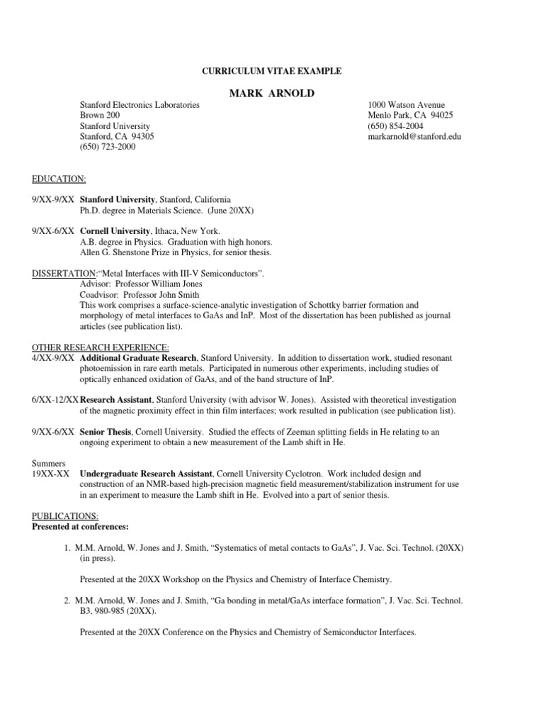 Mark Arnold: Curriculum Vitae Example | PDF | Stanford University | Thesis