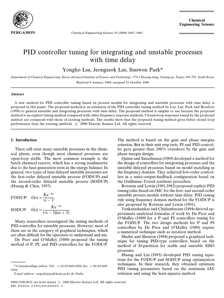 PID Controller Tuning For Integrating and Unstable Processes With Time Delay | PDF | Control ...