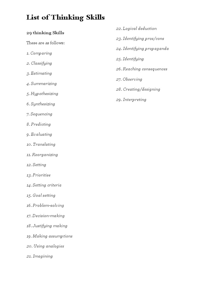 List of Thinking Skills: These Are As Follows | PDF | Career & Growth ...