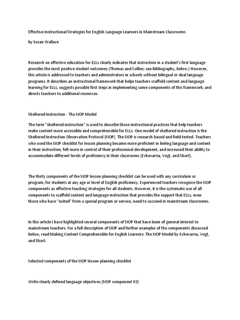 Effective Instructional Strategies For English Language Learners in ...
