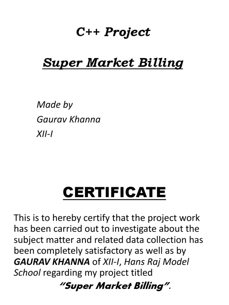 C++ Project Super Market Billing: Made by Gaurav Khanna Xii-I | PDF