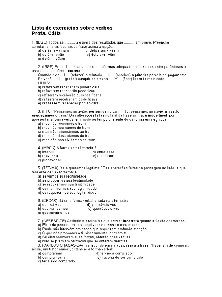 Lista de Exercícios Sobre Verbos 1º EM | PDF | Tempo gramatical ...
