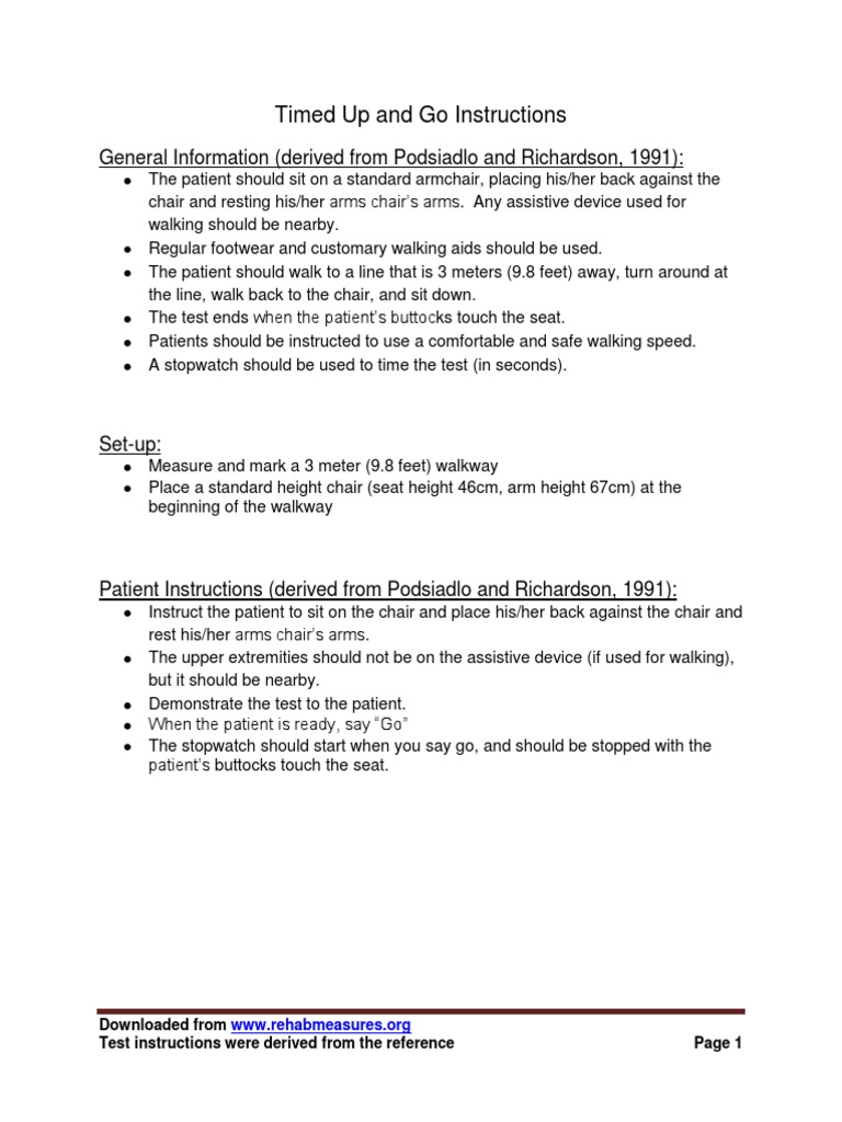 Timed Up and Go Test Instructions | PDF | Wellness