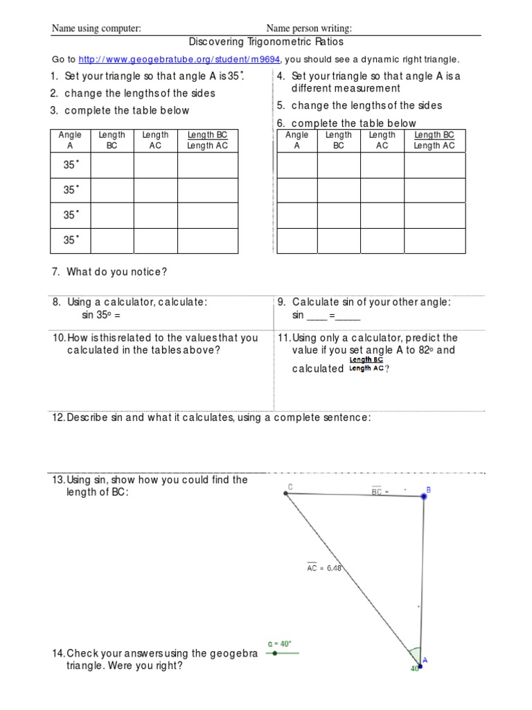 Trig Ratios Activity Sheet | PDF | Trigonometric Functions | Trigonometry