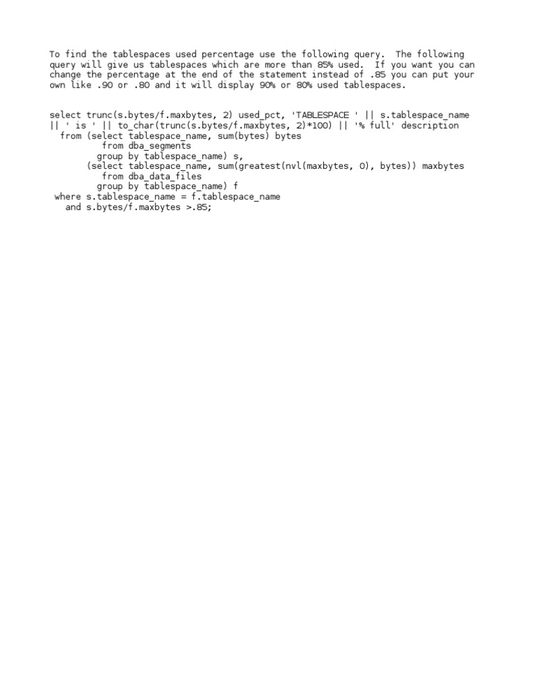 To Find Tablespace Used Percentage | PDF