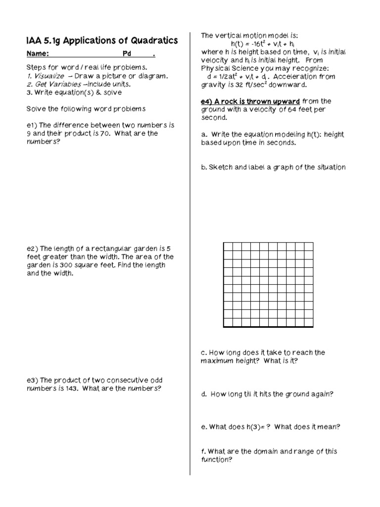 Applications of Quadratics: Solving Word Problems Involving Vertical ...
