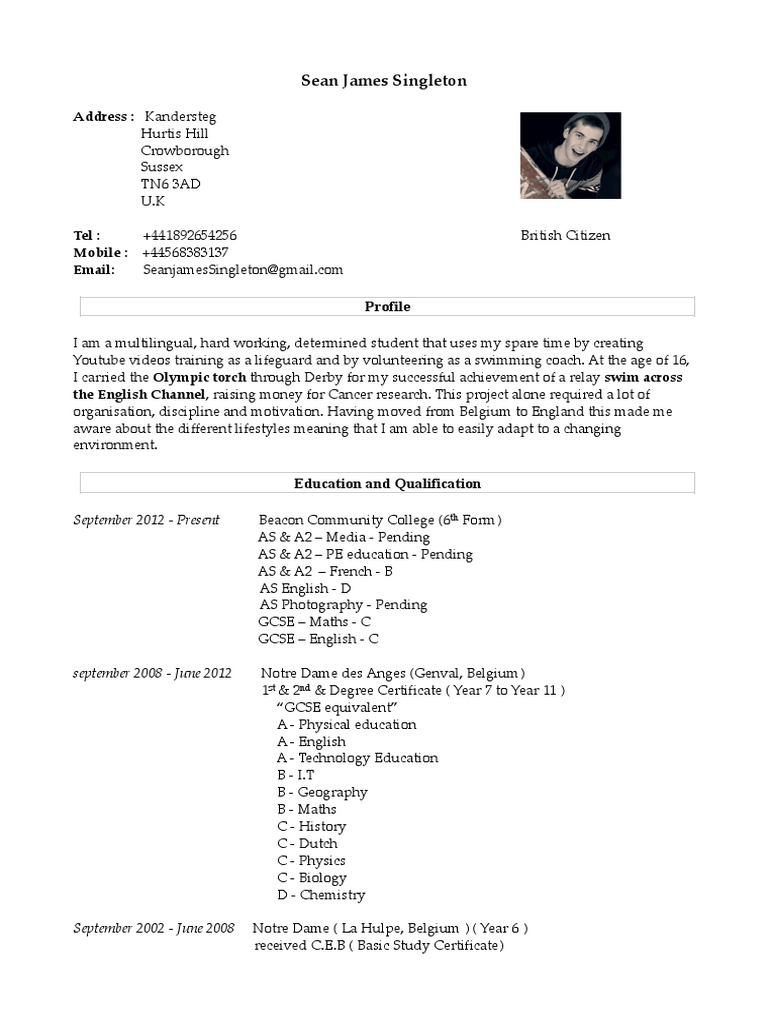 Sean James Singleton's CV | PDF | Communication | Cognition