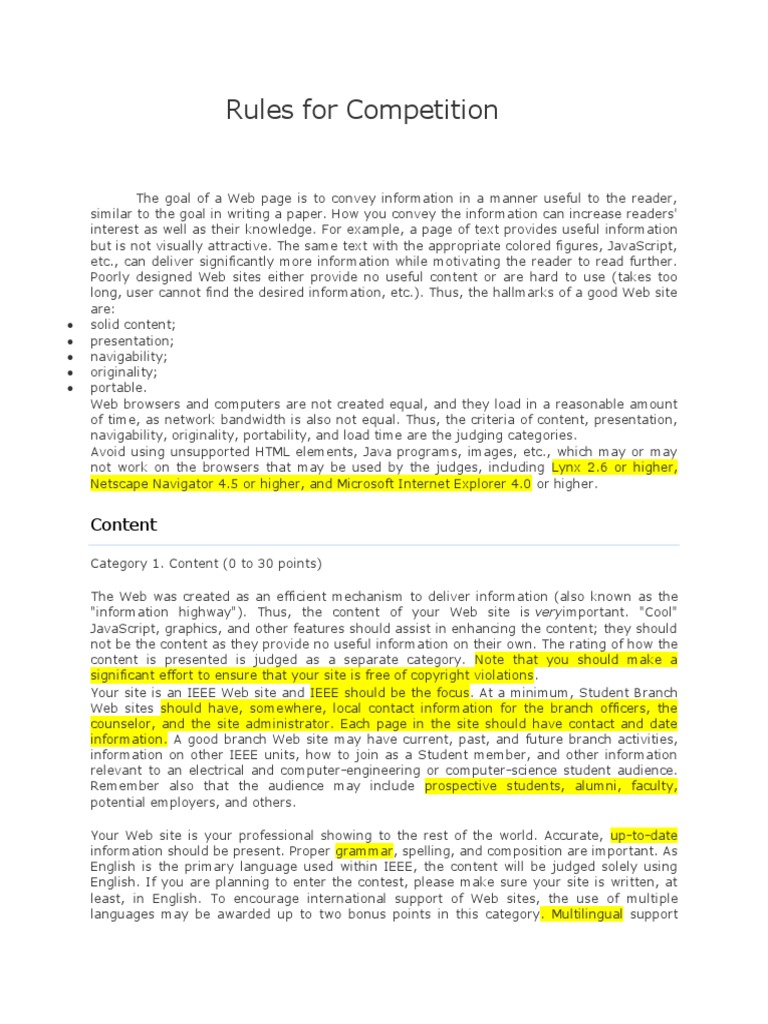 Rules For Competition: Content | PDF