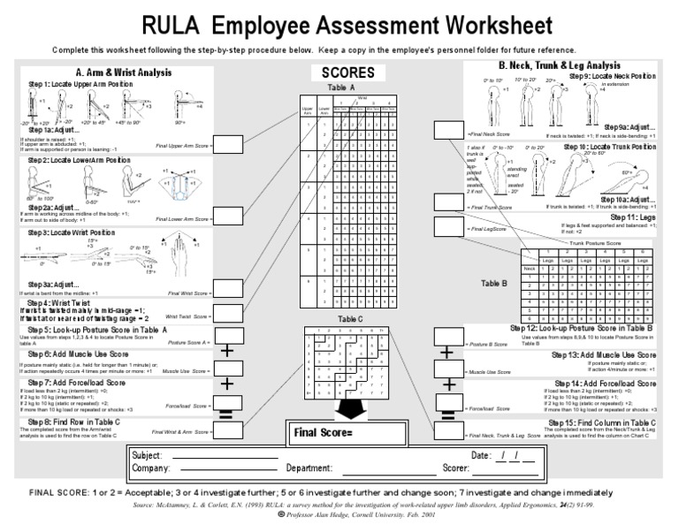 RULA Worksheet Ergonomics | Musculoskeletal System | Human Anatomy