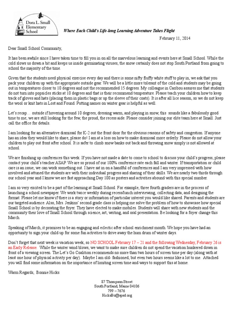 JANUARY 2014 Small School Principal's Letter | PDF | Leisure | Nature