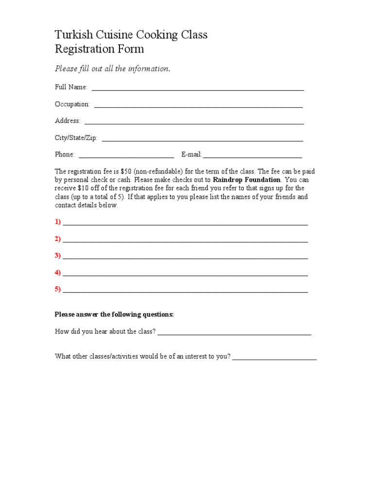 Turkish Cuisine Class Registration Form | PDF