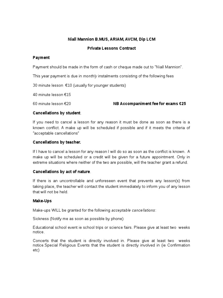 Niall Mannion B.MUS, ARIAM, AVCM, Dip LCM Private Lessons Contract ...