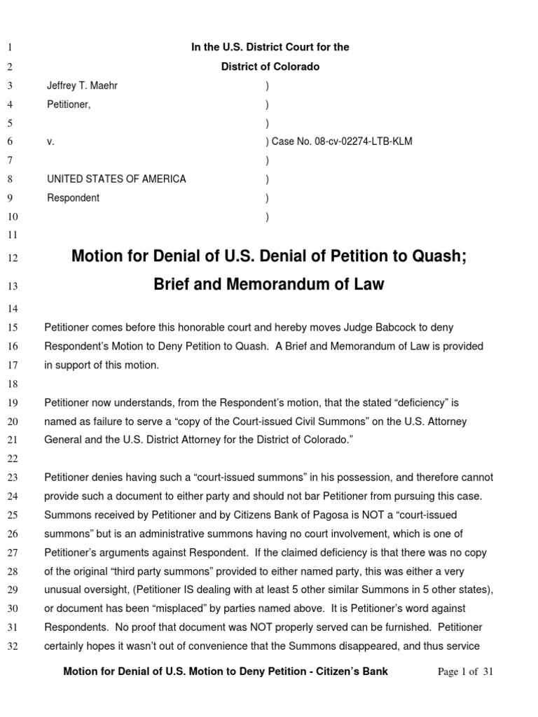 CO Motion For Denial Complete | PDF | Summons | Internal Revenue Service