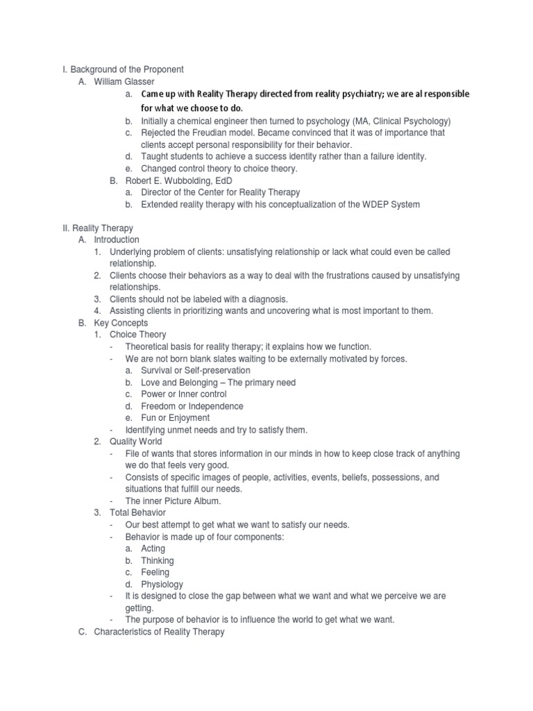 Reality Therapy Outline | PDF | Psychotherapy | Psychiatry
