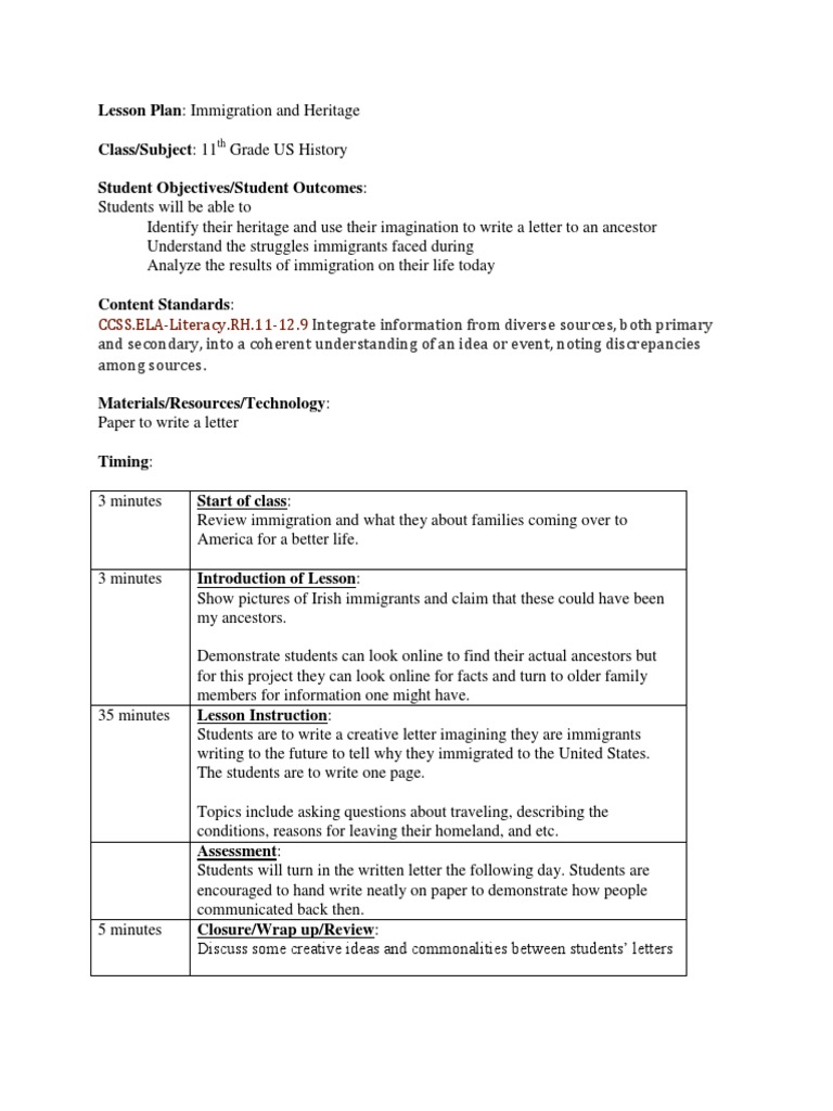 Immigrant Letter Lesson Plan | PDF