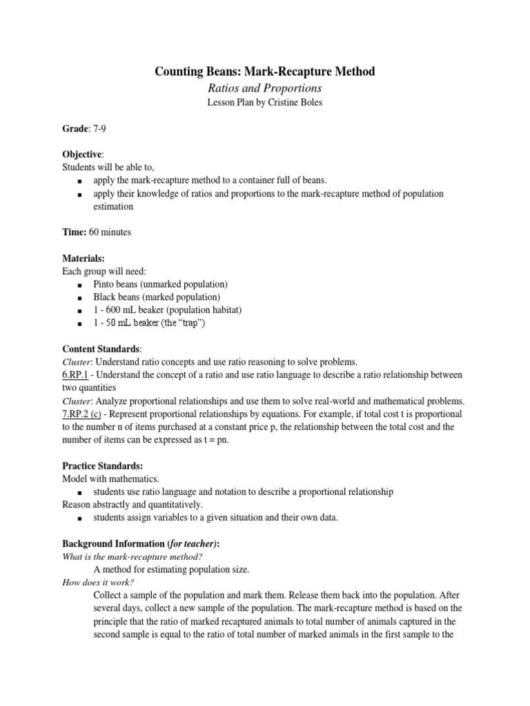 Mark-Recapture Method Lesson | Ratio | Statistics