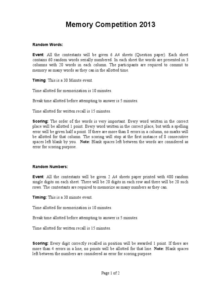 Memory Competition Rules 2013 | PDF | Cognitive Science