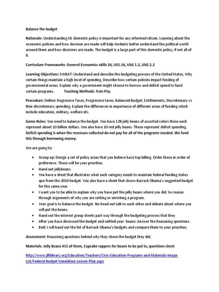 Balance Budget Sim Lesson Plan | PDF | Government Budget Balance | Taxes