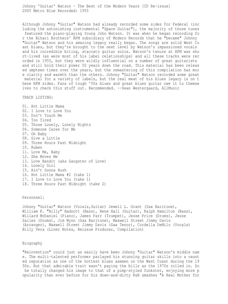 Notes On Johnny 'Guitar' Watson's "The Best of The Modern Years" | PDF ...