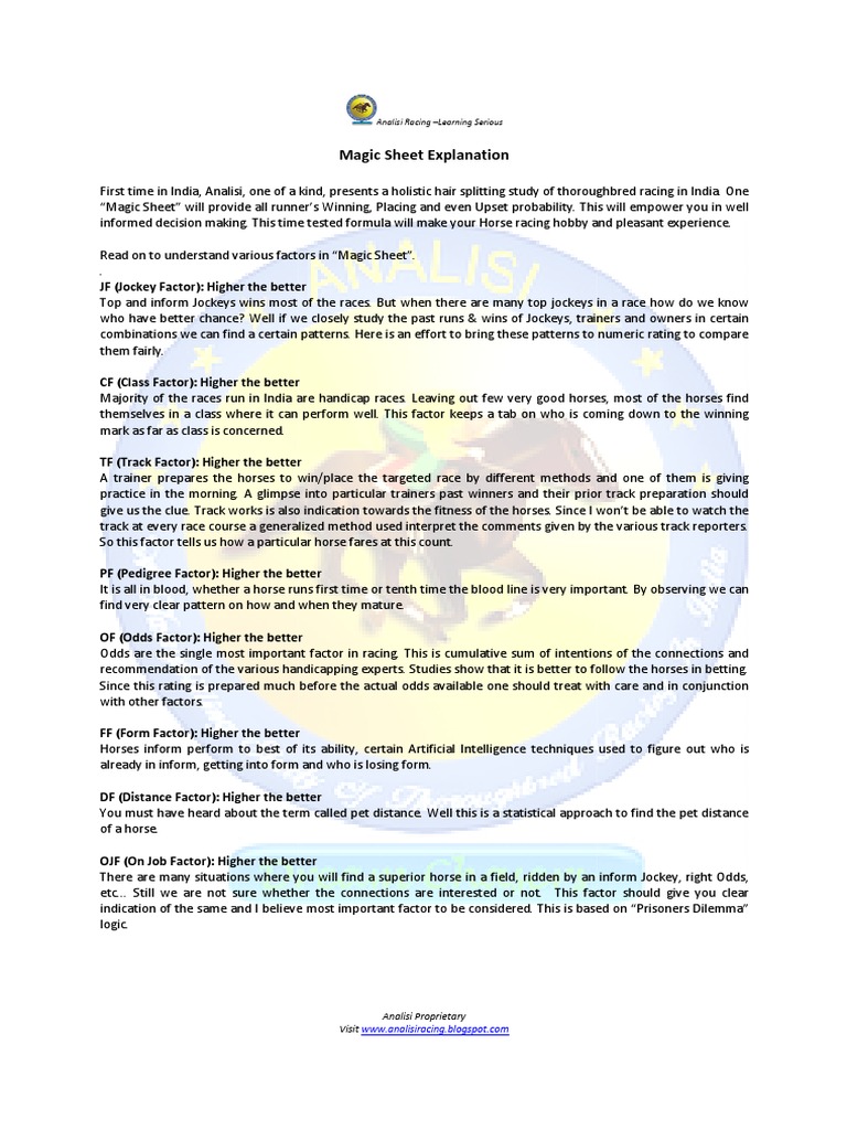 Magic Sheet Explanation | PDF | Handicapping | Horse Racing