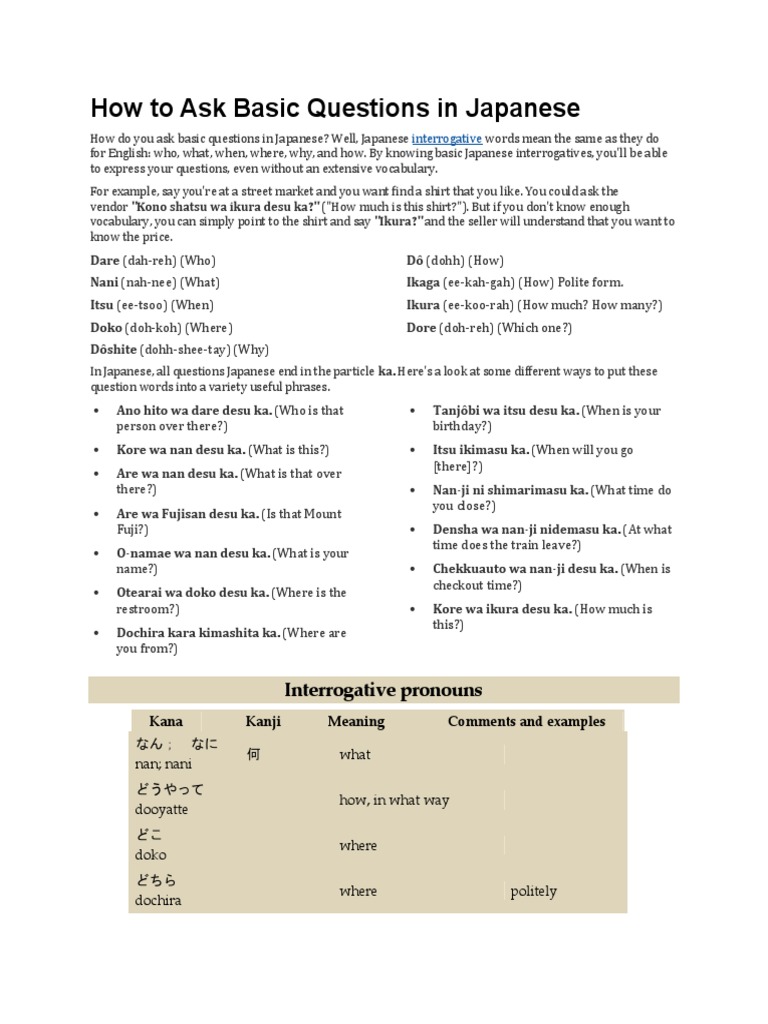 How To Ask Basic Questions in Japanese | PDF | Japanese Language | Pronoun