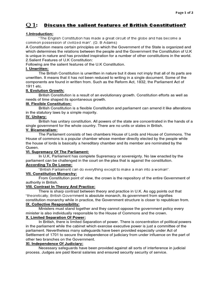 Salient Features of the British Constitution | PDF