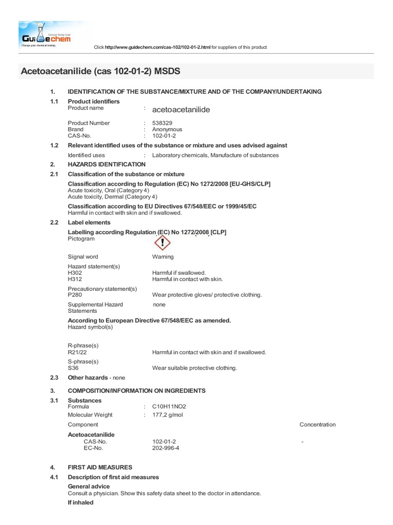 Acetoacetanilide (Cas 102-01-2) MSDS | PDF | Dangerous Goods | Toxicity