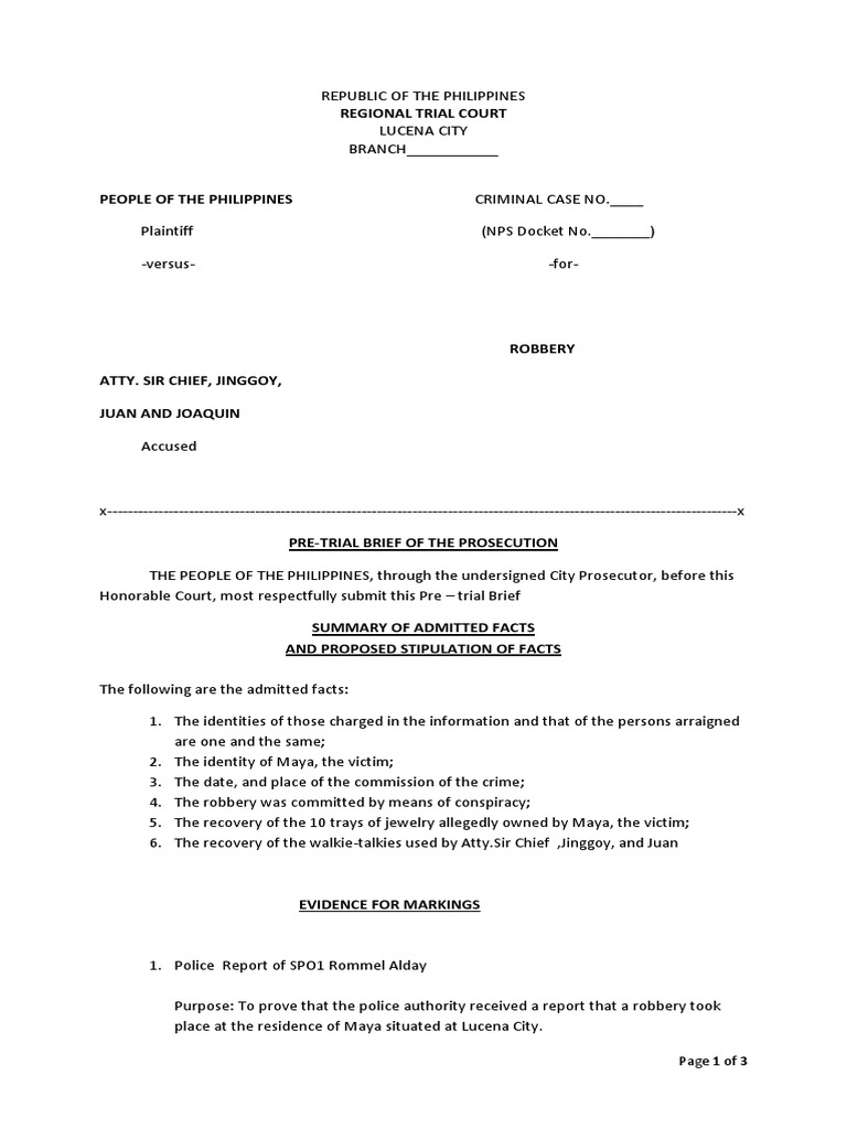 Prosecution's Pre-Trial Brief: People of the Philippines v. Atty. Sir Chief, Jinggoy, Juan and ...