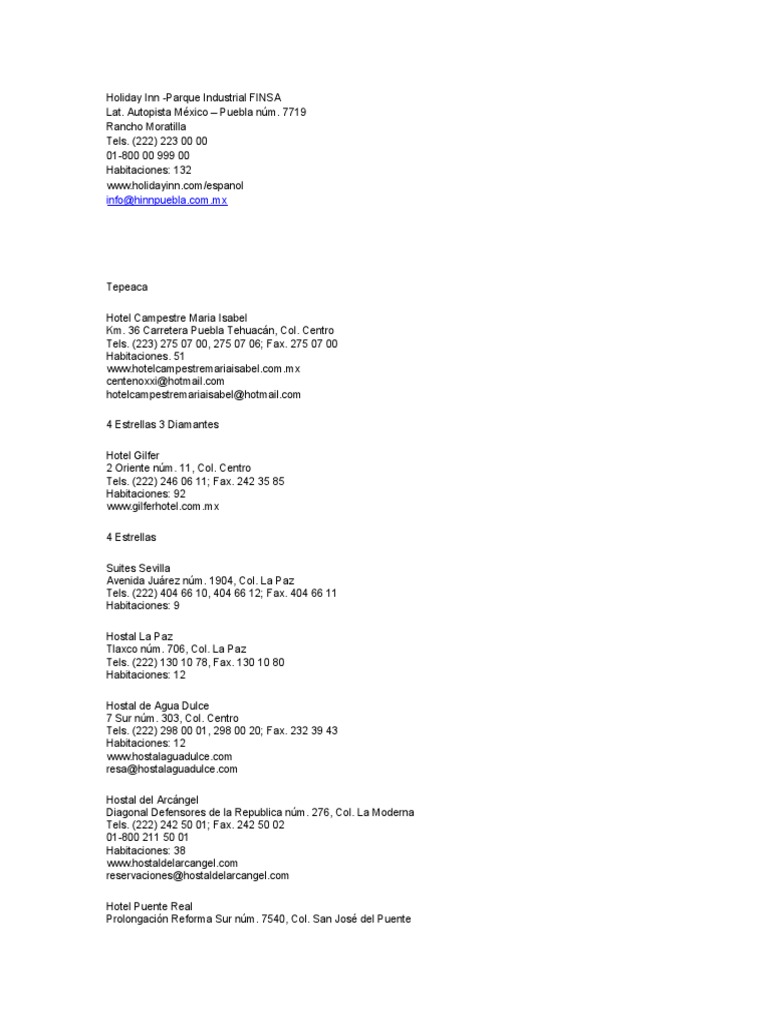 Números de Teléfono de Hoteles en Puebla | PDF | Hotel y alojamiento ...