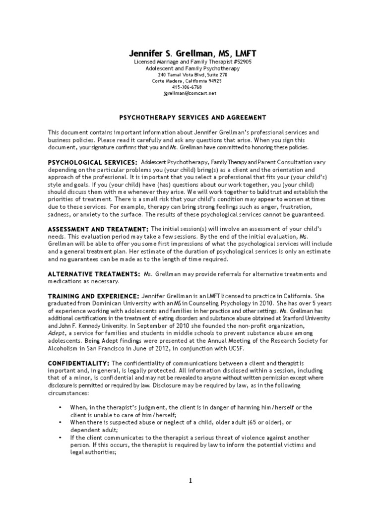 Psychotherapy Services and Agreement - Jennifer Grellman ...