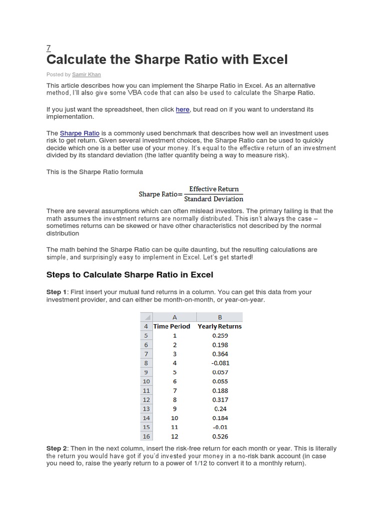 Calculate The Sharpe Ratio With Excel | PDF | Sharpe Ratio | Microsoft ...