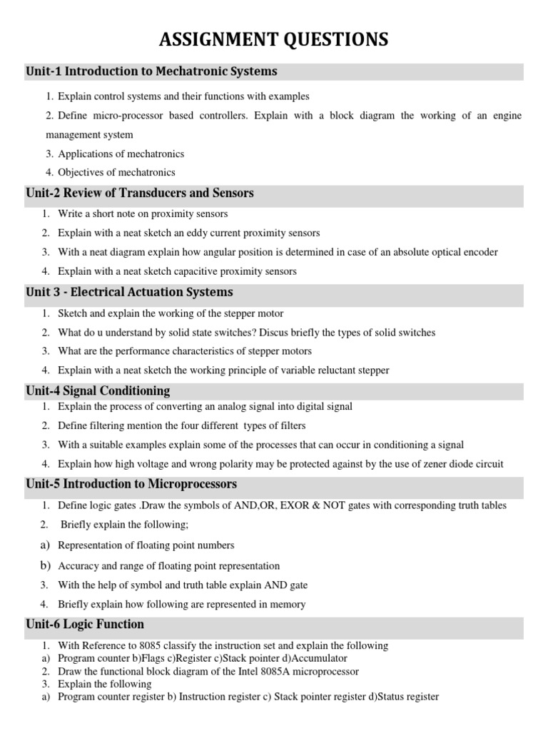 Assignment Questions: Unit-1 Introduction To Mechatronic Systems | PDF | Microprocessor | Signal ...