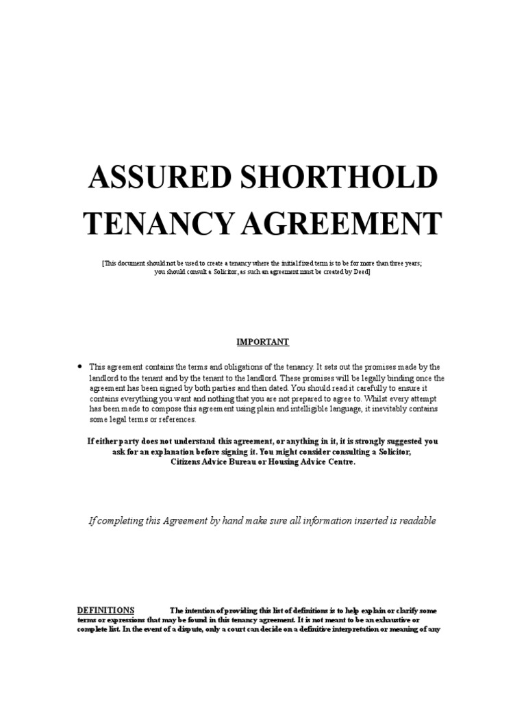 Assured Shorthold Tenancy Agreement: If Completing This Agreement by ...