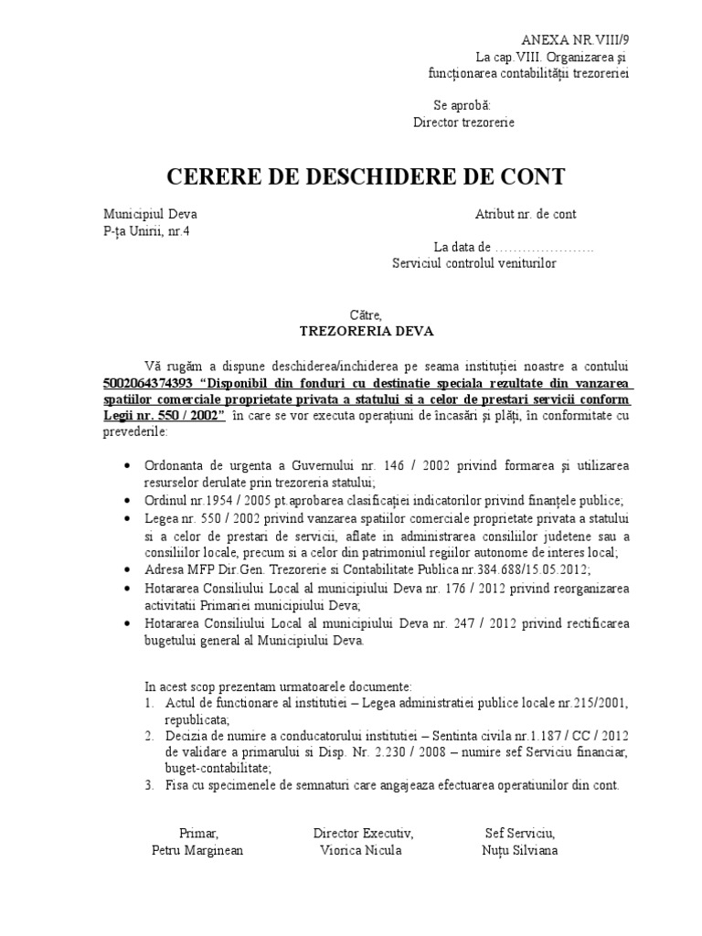 Cerere De Deschidere De Cont