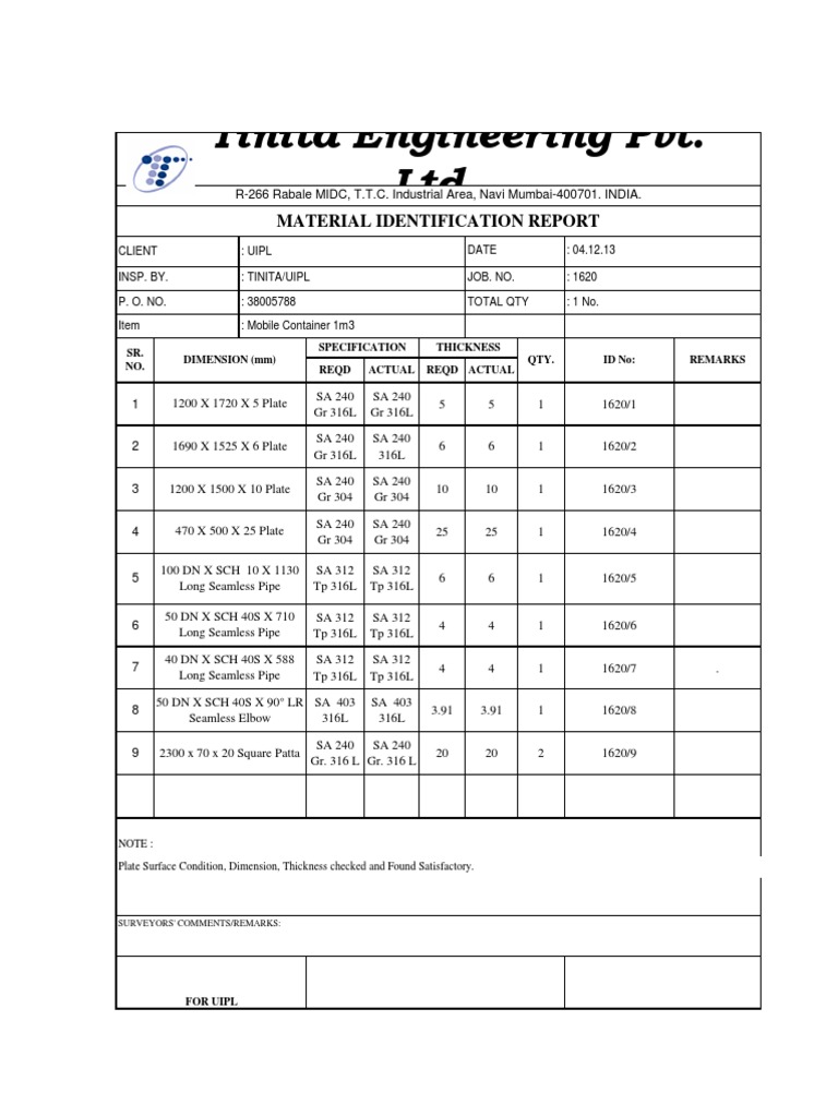 Material Identification Report for UIPL | PDF