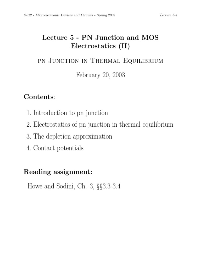 Lecture 5 - PN Junction and MOS Electrostatics (II) | PDF | P–N ...